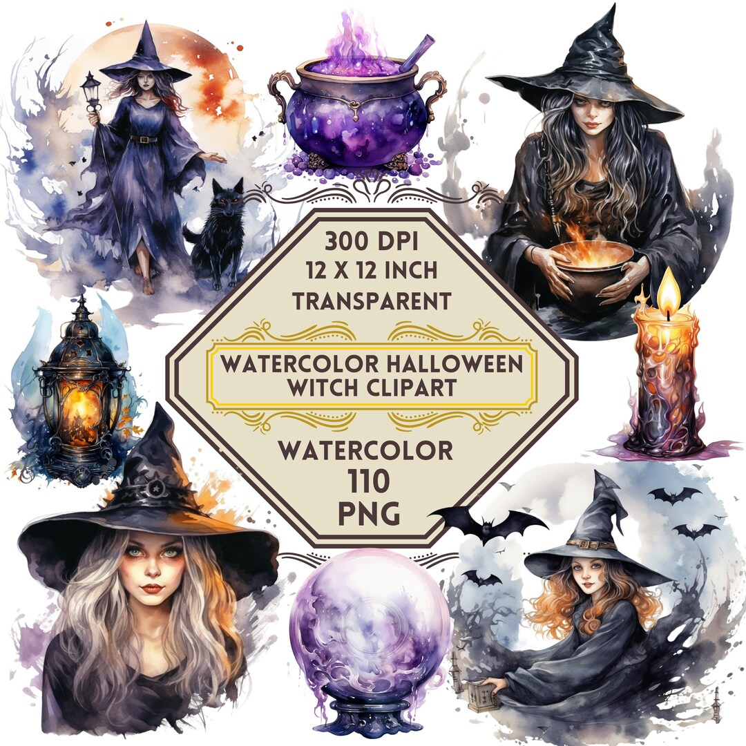 110 Watercolor Halloween Witch Clipart Printable Witch Bundle Spooky ...
