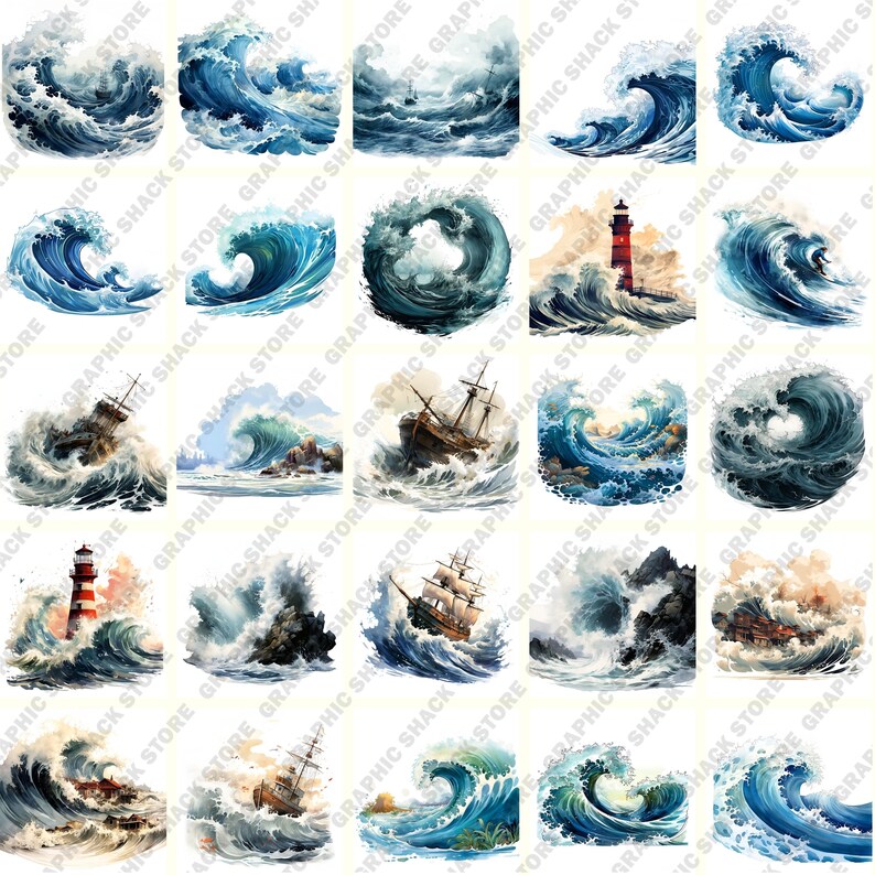 46 Watercolor Ocean Wave Clipart, Marine Majesty Sea Storms Templates ...
