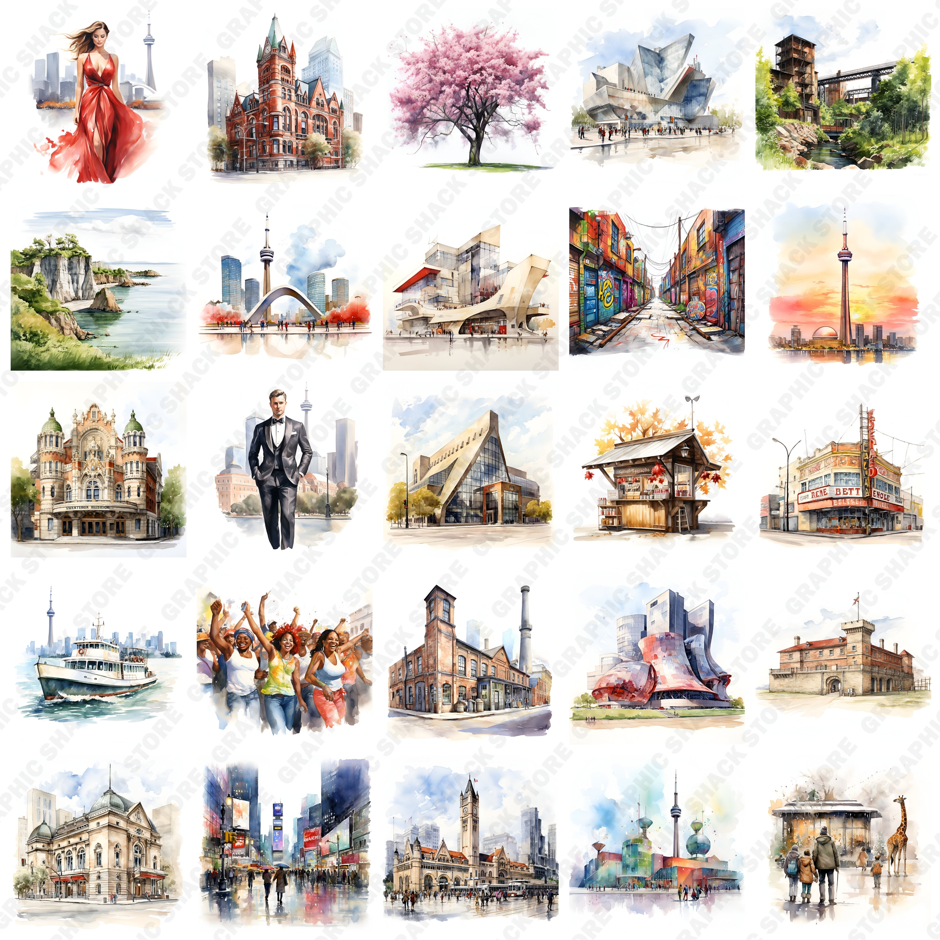 181 Watercolor Toronto PNG Clipart Bundle, Torontonian Cultural Travel ...