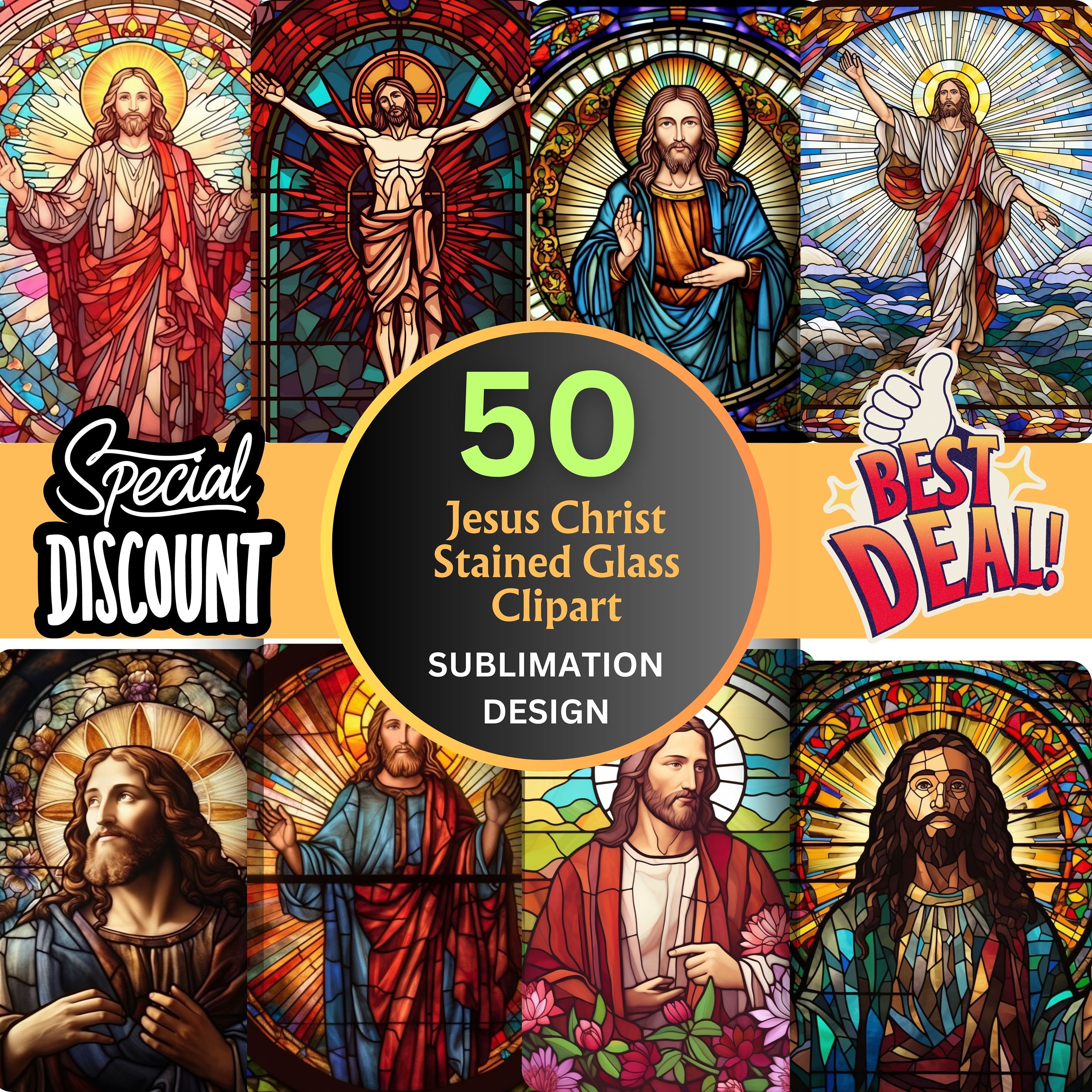 50 Stained Glass Jesus Christ Clipart PNG Designs for Sublimation ...