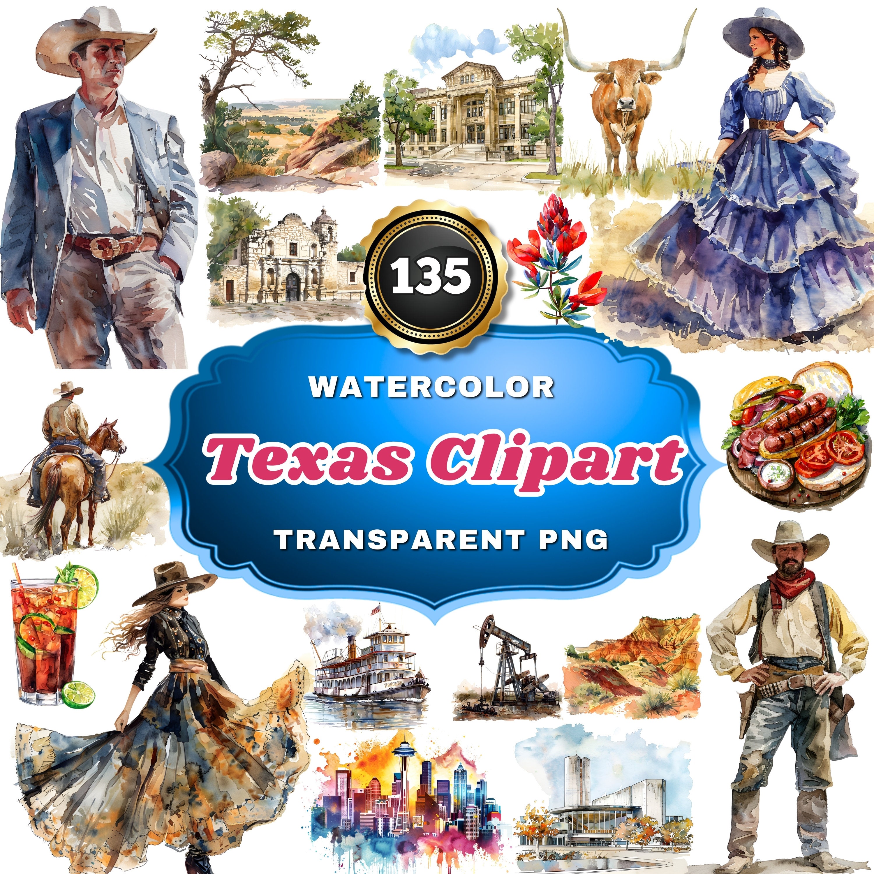 135 Watercolor Texas Cliparts -lone Star Elegance: Rustic and Iconic ...