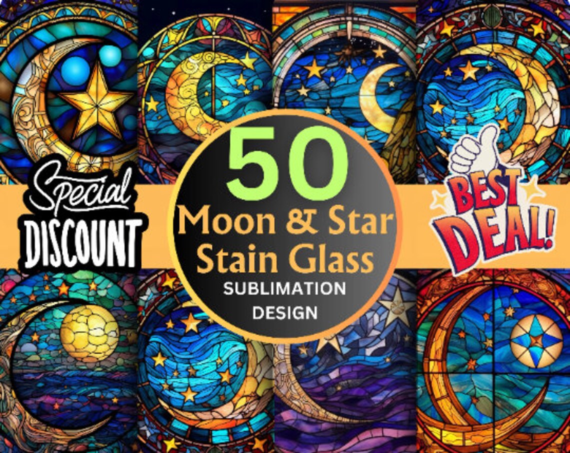 50 Stained Glass Moon and Star Clipart Designs for Sublimation, Digital ...