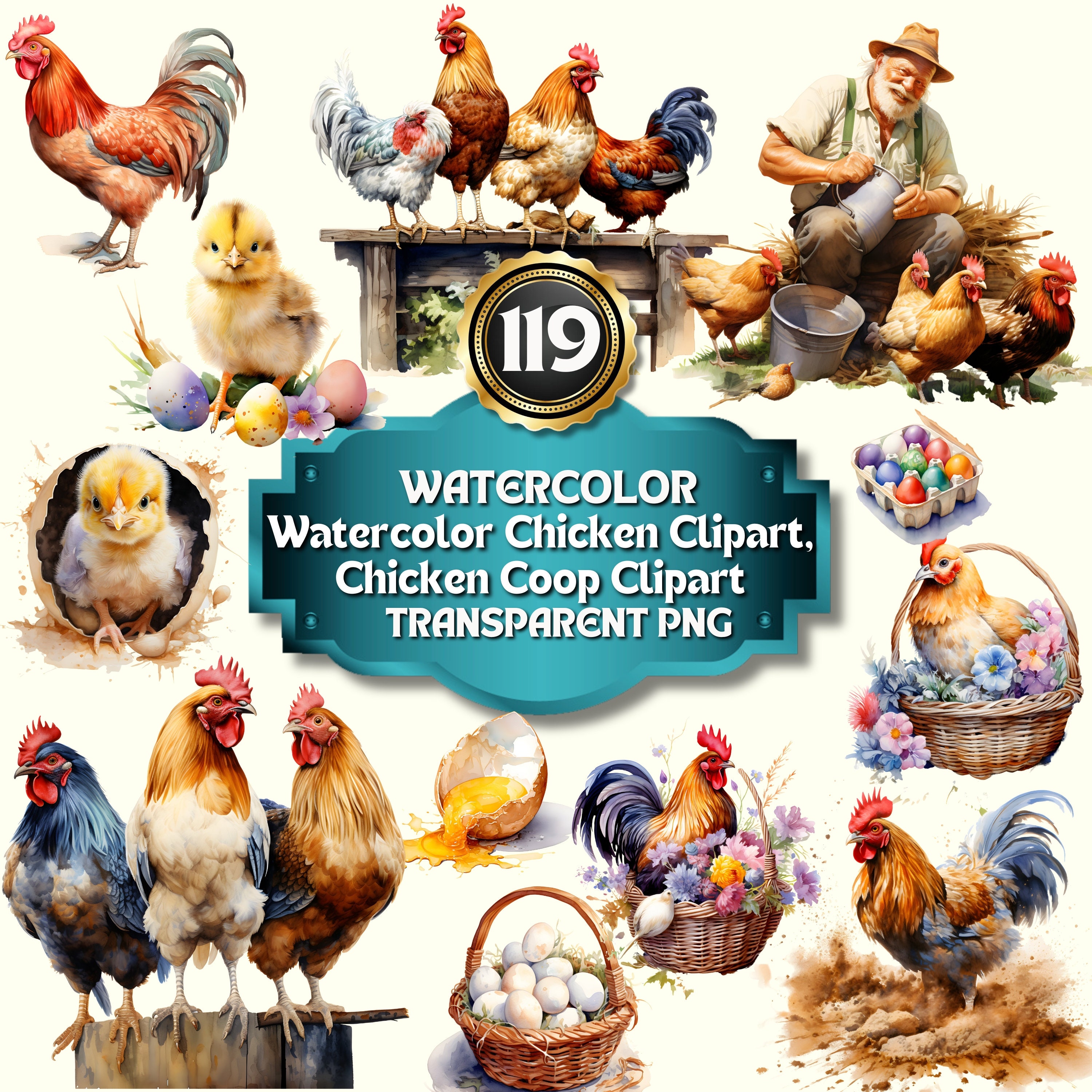 119 Watercolor Chicken Clipart, Chicken Coop Clipart Featuring Cute ...