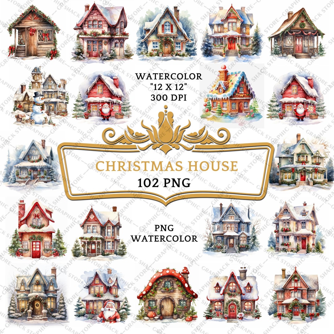 102 Watercolor Christmas House Clipart Bundle | Christmas House PNG ...