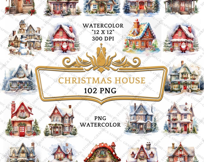 27 PNG Watercolor Christmas House Clipart, Merry Christmas Cottage ...