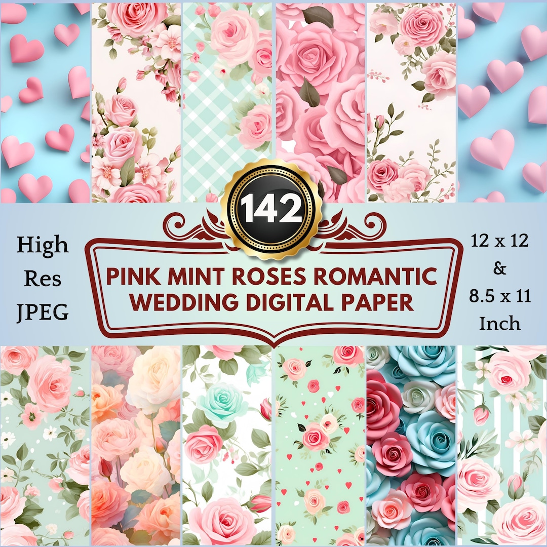 142 Romantic Pink & Mint Rose Digital Set, Love-themed Watercolor ...