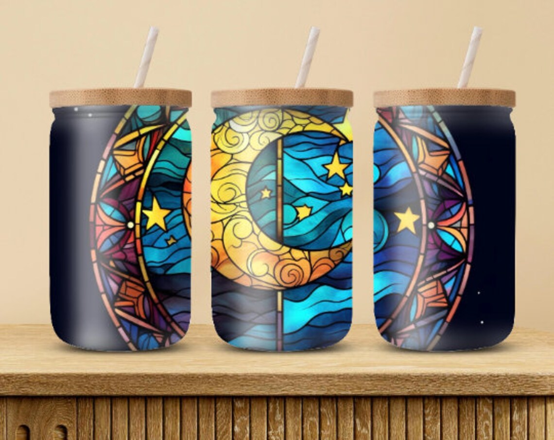 50 Stained Glass Moon and Star Clipart Designs for Sublimation, Digital ...