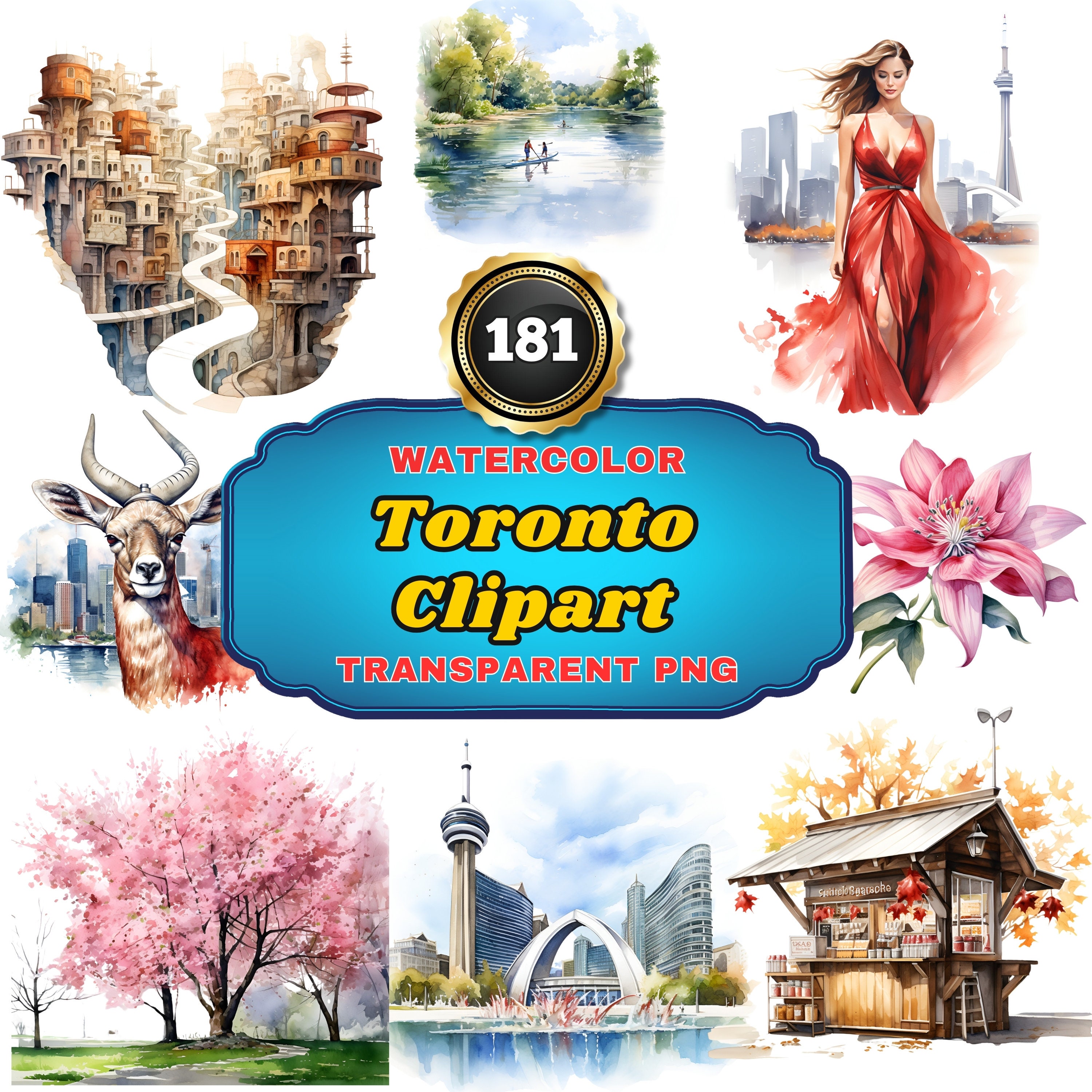 181 Watercolor Toronto PNG Clipart Bundle, Torontonian Cultural Travel ...