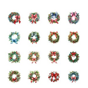 60 Watercolor Christmas Wreath Clipart PNG Bundle, Merry Christmas ...