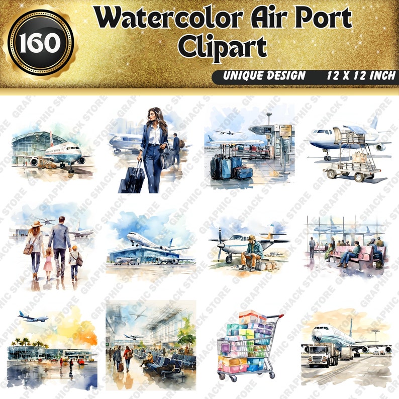 160 Watercolor Air Port Clipart Jet-set Collection: A Traveler's Dream ...