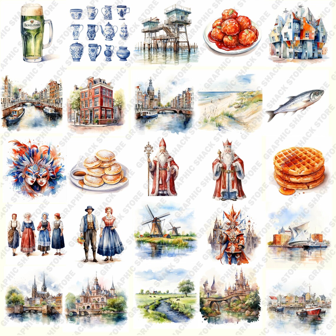 54 Watercolor Netherlands PNG Clipart Bundle, Netherlands Travel ...