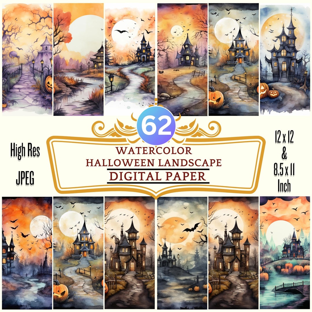62 Watercolor Halloween Landscape Digital Paper, Printable Watercolor ...