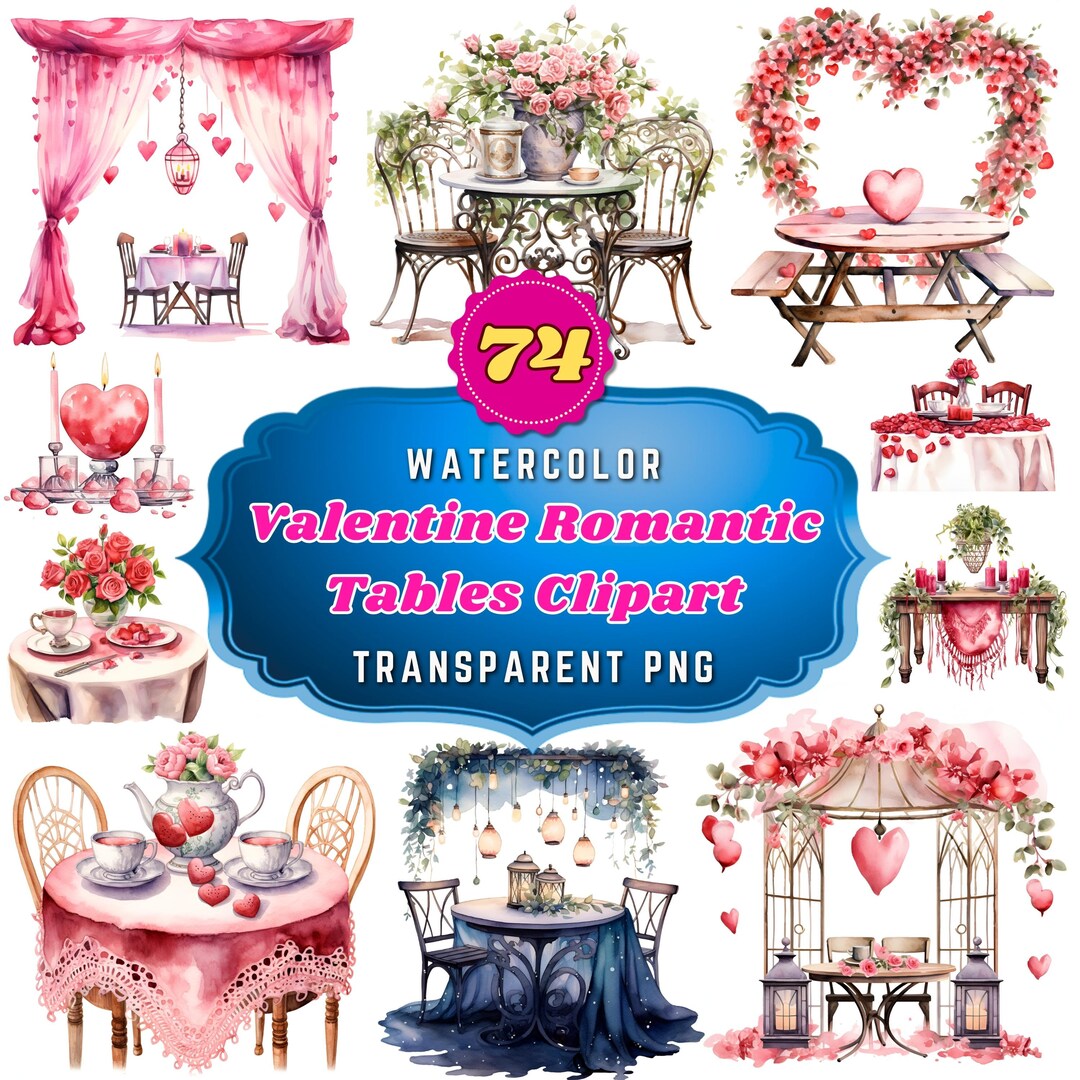 Watercolor Valentine Romantic Tables Clipart -enchanted Dining: Dreamy ...