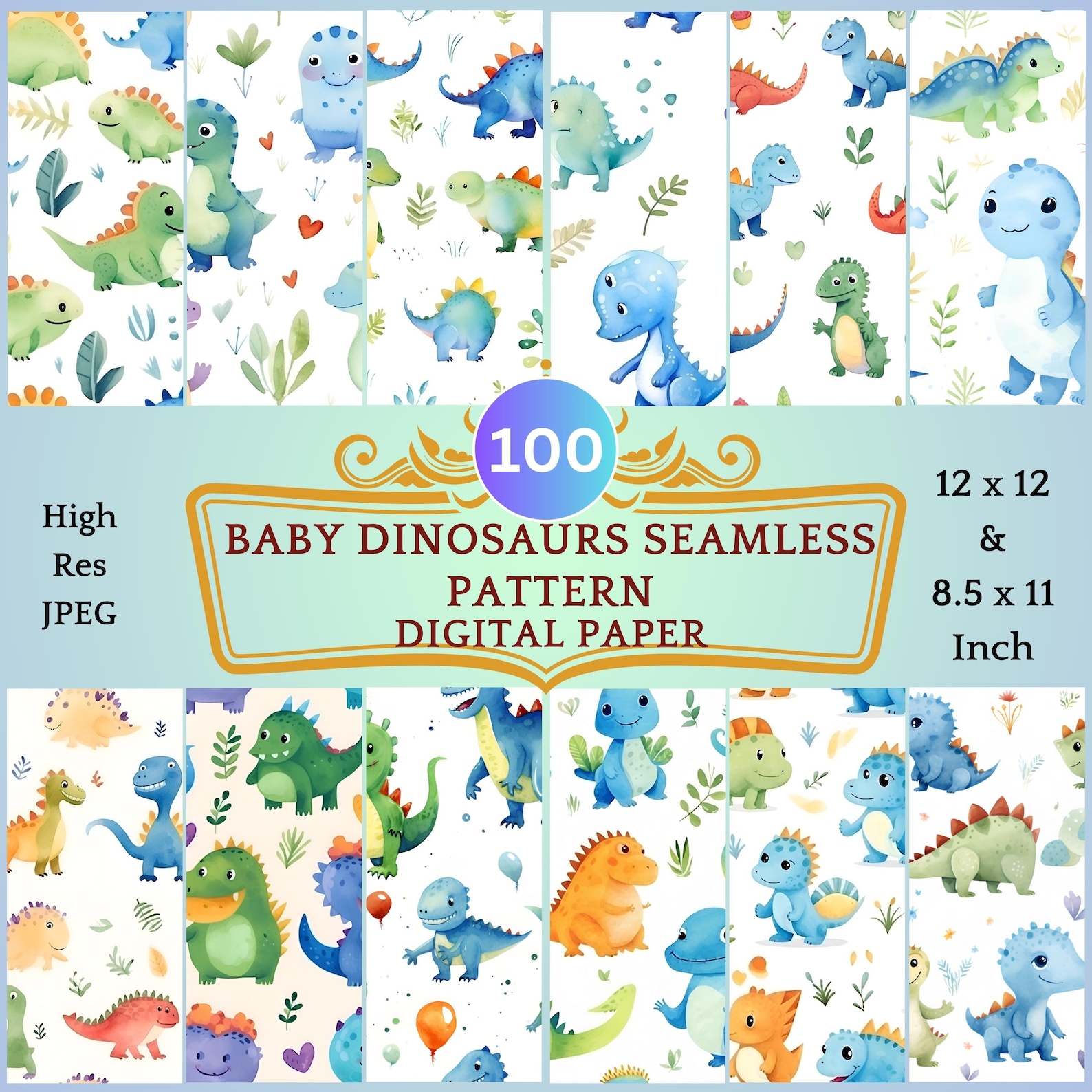 Adorable Baby Dino Patterns: 100 Seamless Dinosaur-themed Digital ...