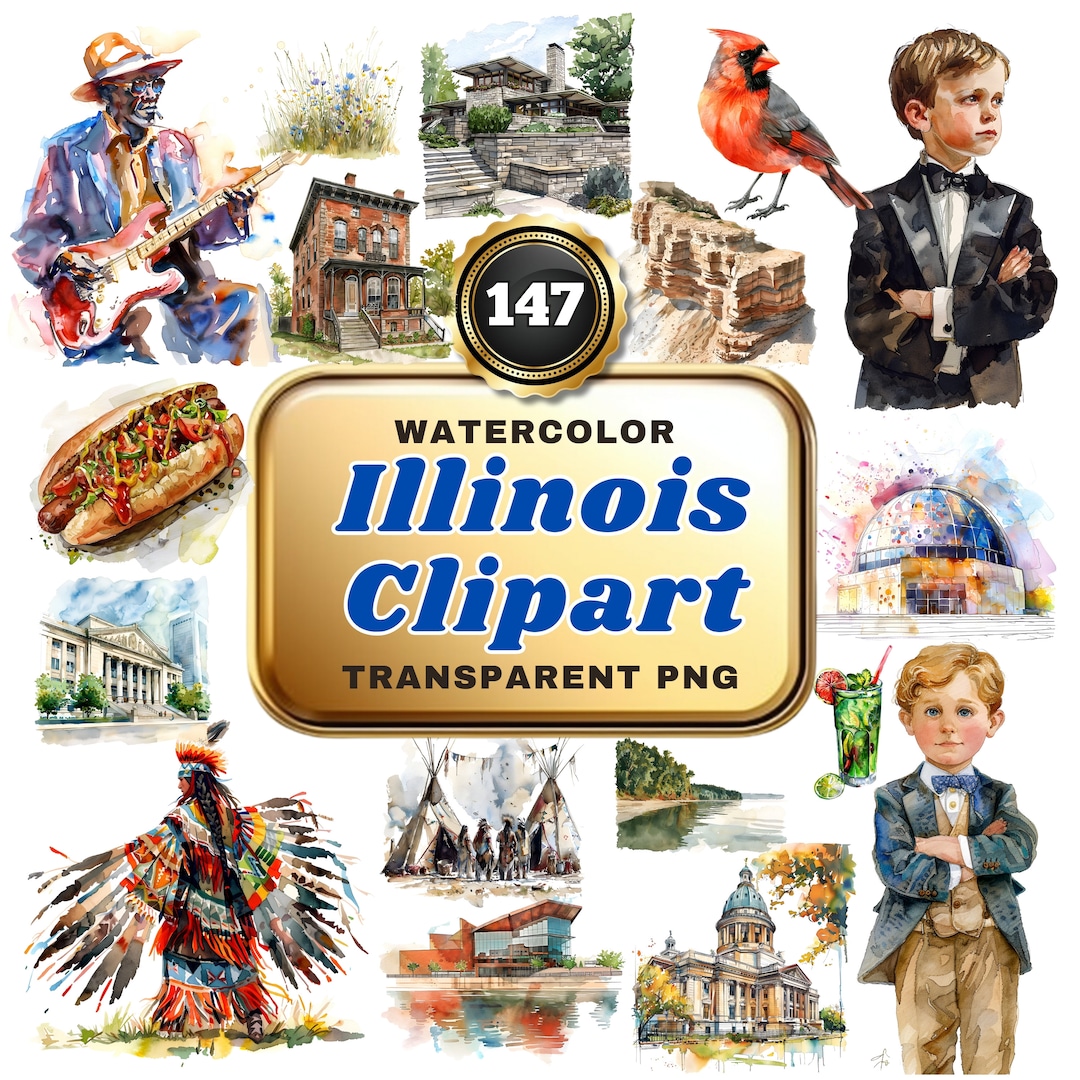 147 Watercolor Illinois PNG Clipart, Land of Lincoln State Landmarks ...
