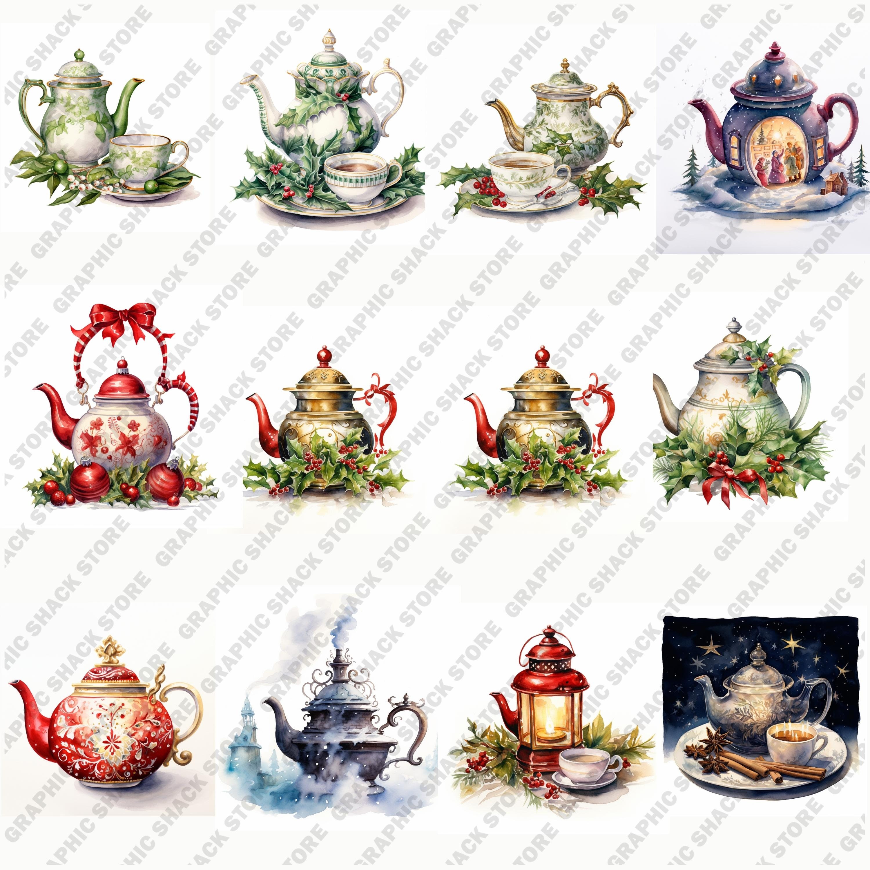 124 Watercolor Christmas Tea Clipart PNG Bundle Holiday Tea Time Images ...