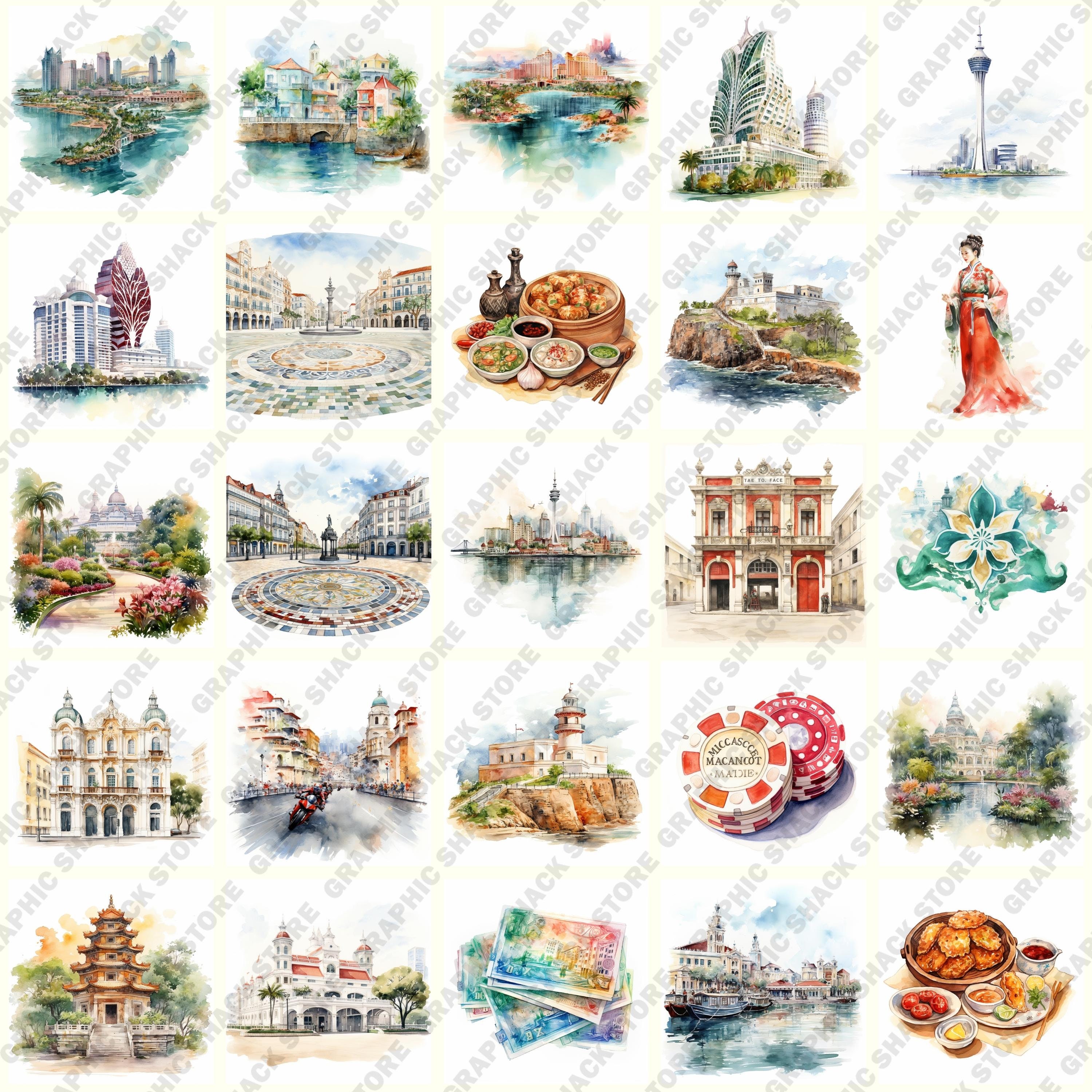 98 Watercolor Macau Clipart Bundle | Chinese City PNG, Houses, Asia ...