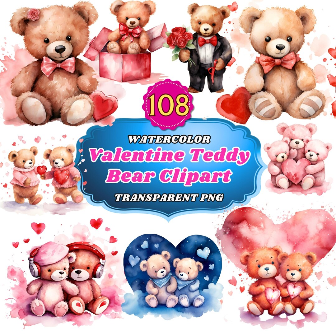 108 Cute Watercolor Valentine's Day Teddy Bears Clipart Collection ...