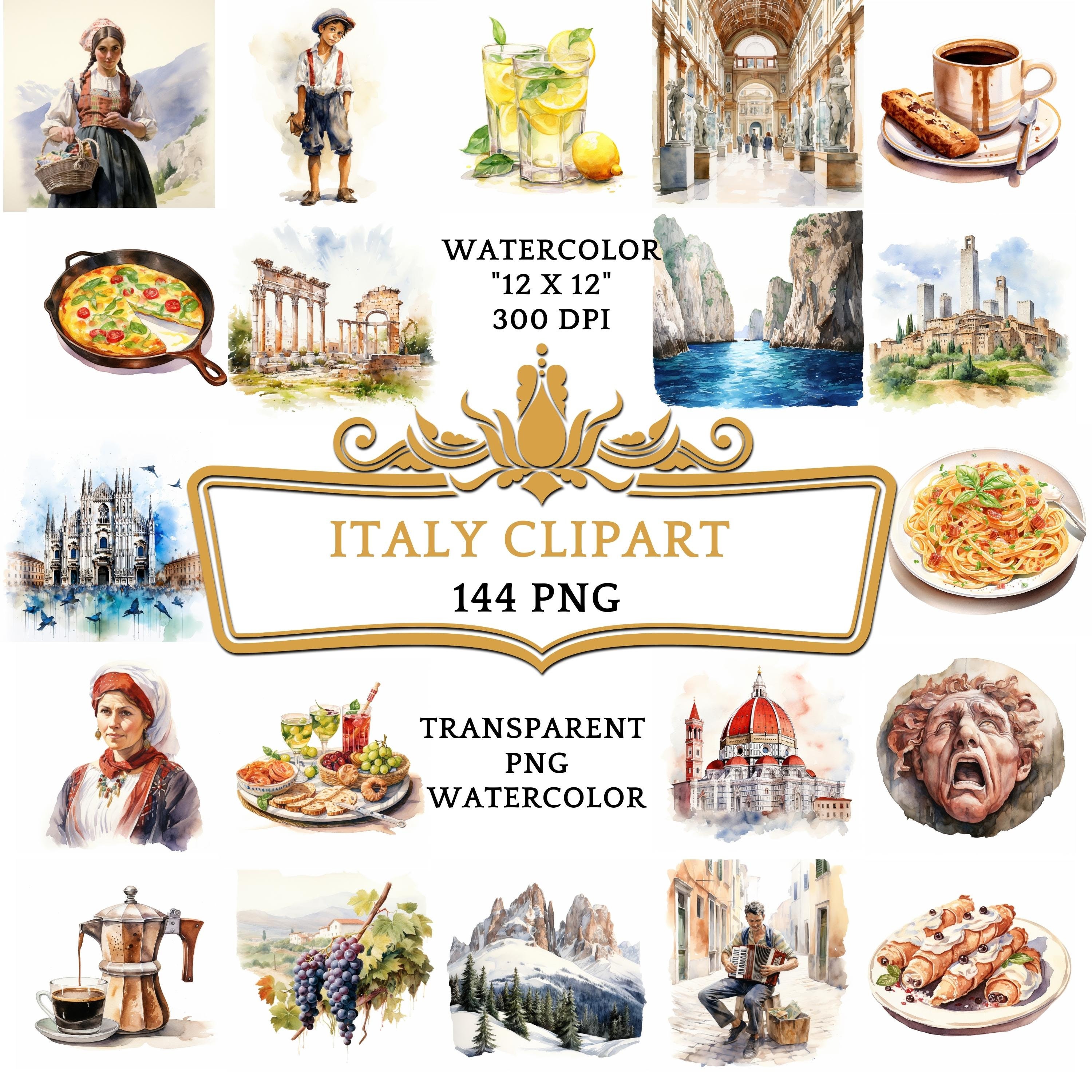 Watercolor Italy Clipart Bundle| 144 Printable Medivial Europe Png ...