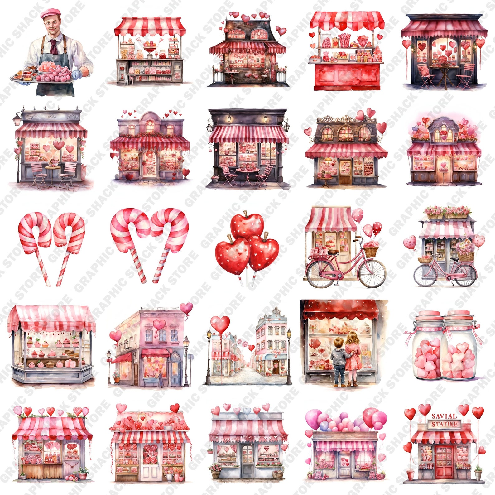 77 Watercolor Cute Valentine's Candy Shop Clipart Bundle, Quaint ...