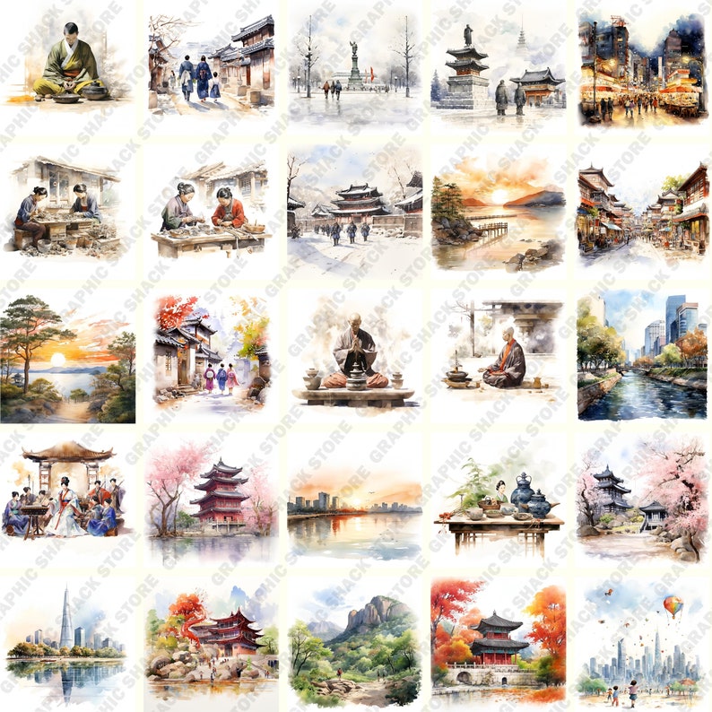 153 Watercolor Seoul PNG Clipart iconic South Korean Landmarks for ...