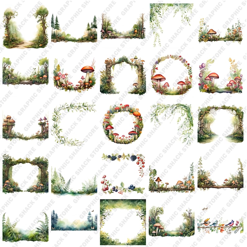 93 Enchanted Woodland Watercolor Borders Clipart Forest-themed Edge ...