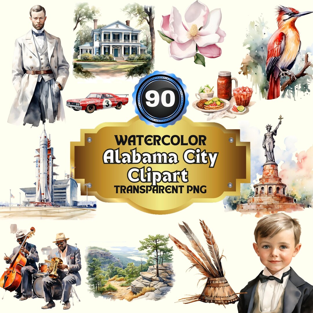 90 Watercolor Alabama Clipart Bundle, Printable Alabama PNG for Travel ...