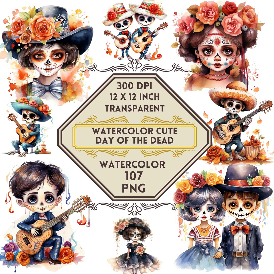 107 Watercolor Cute Day of the Dead Clipart | Cute Dolls La Catrina PNG ...