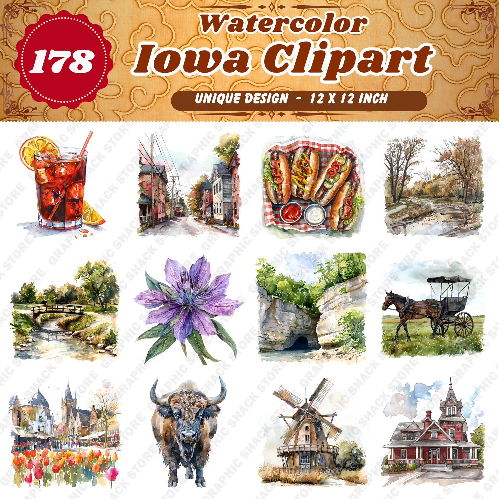 178 Watercolor Iowa Clipart, Iowa Landscapes Scenic and Cultural PNG ...