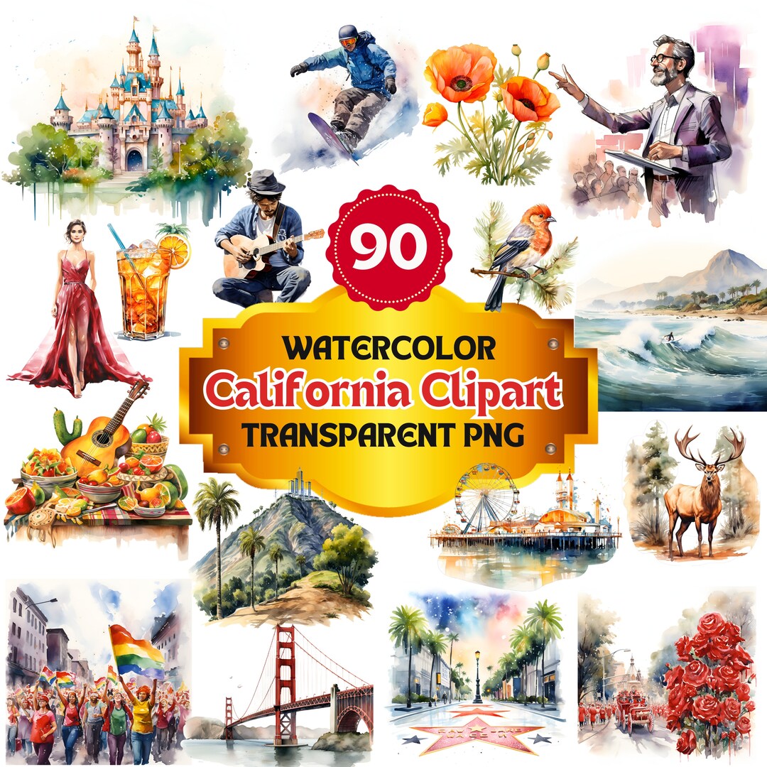90 Watercolor California Clipart, Printable California PNG Images ...