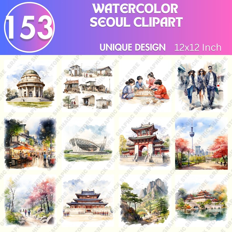 153 Watercolor Seoul PNG Clipart iconic South Korean Landmarks for ...