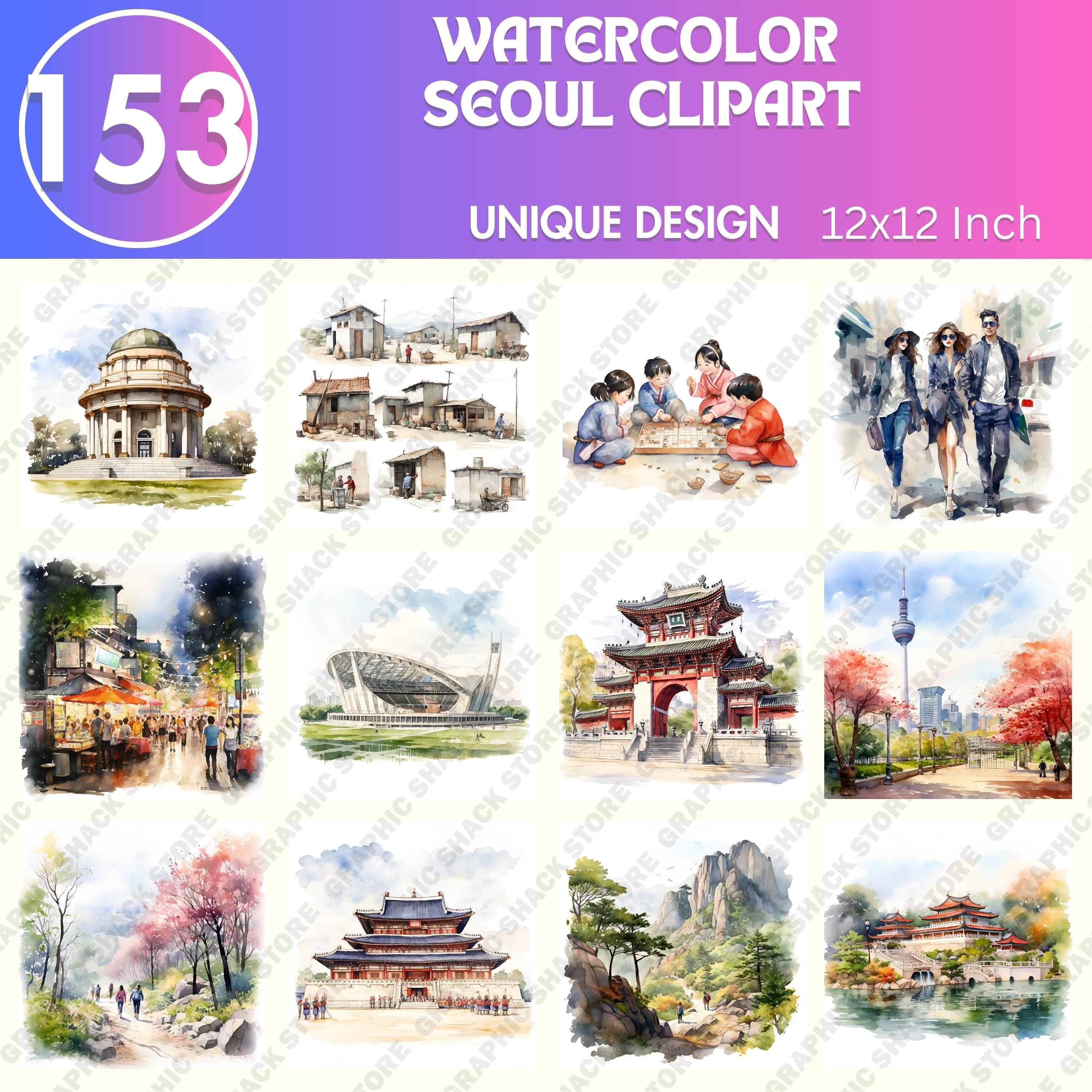 153 Watercolor Seoul PNG Clipart iconic South Korean Landmarks for ...