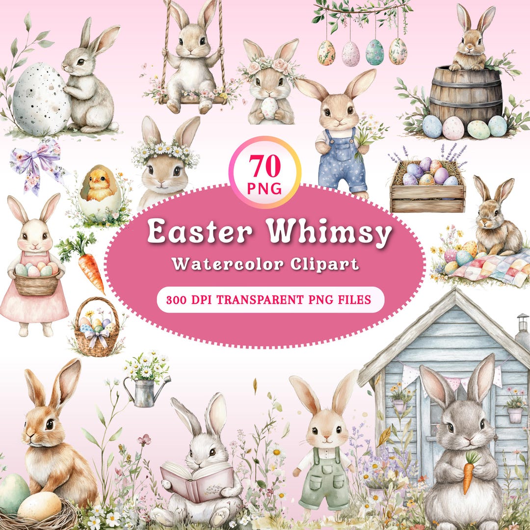 70x Whimsical Country Easter Clipart, Watercolor Spring Bunny PNG ...