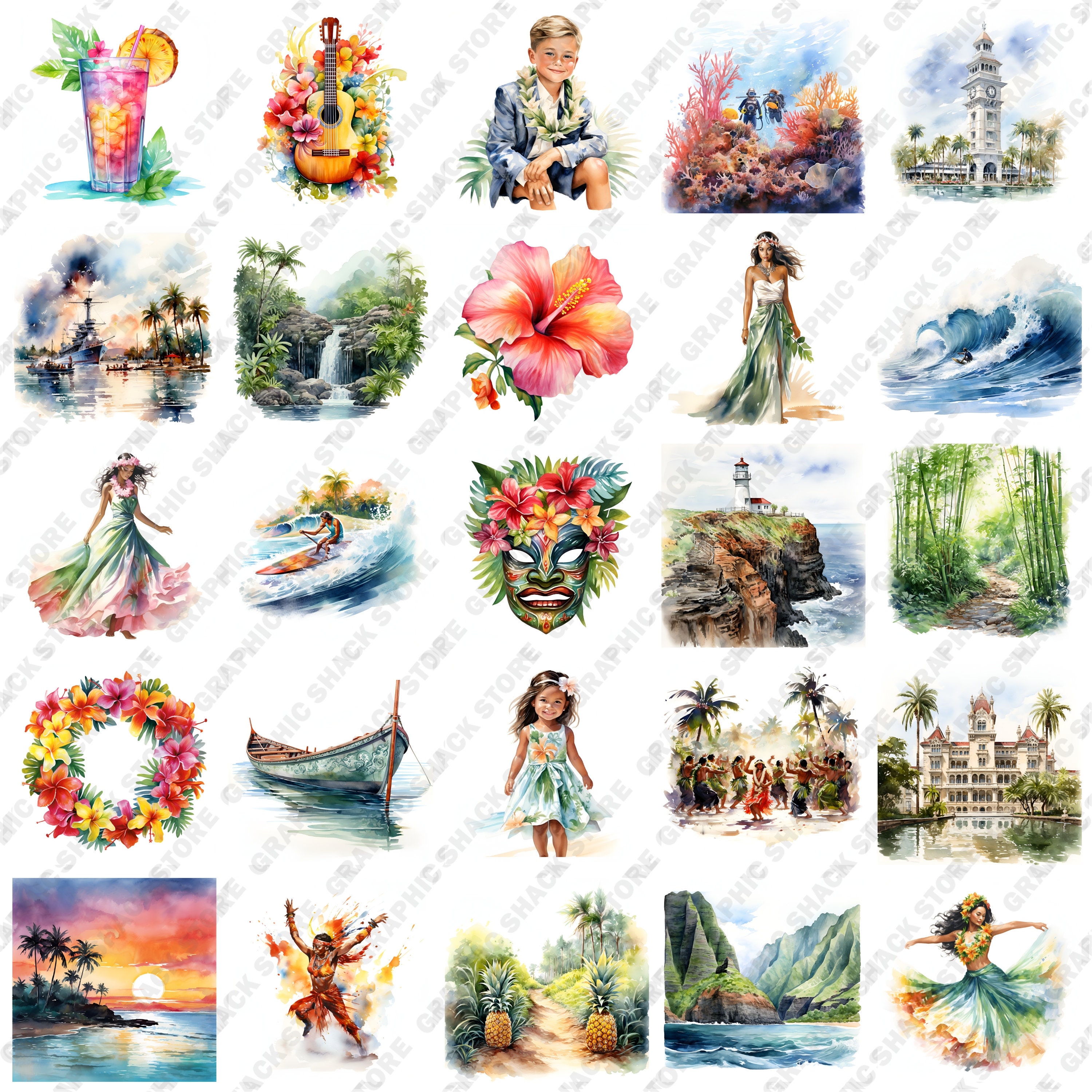 101 Watercolor Hawaii Clipart, Printable USA PNG Images, Travel ...