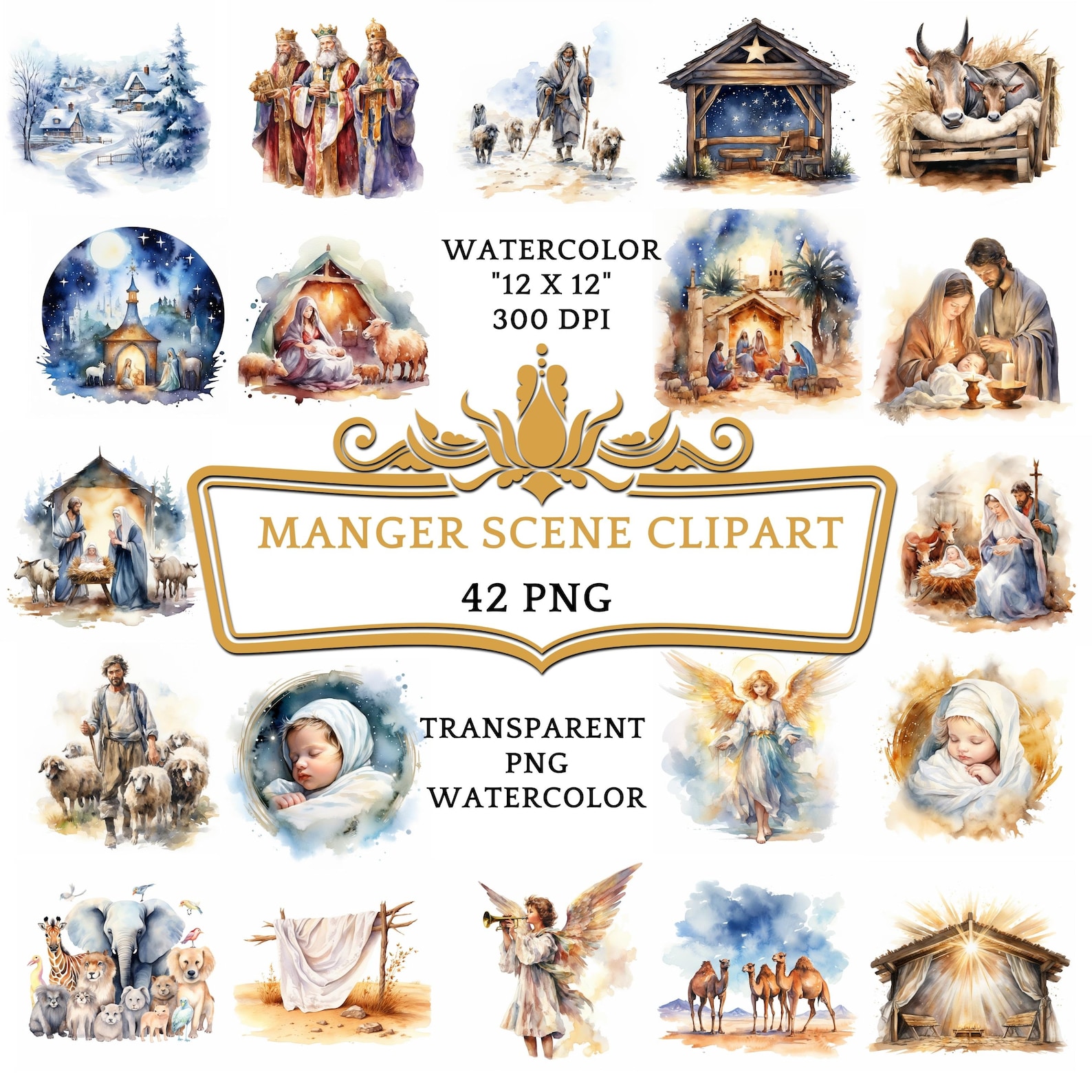 42 Watercolor Manger Scene Clipart, Christmas Nativity Scene PNG ...