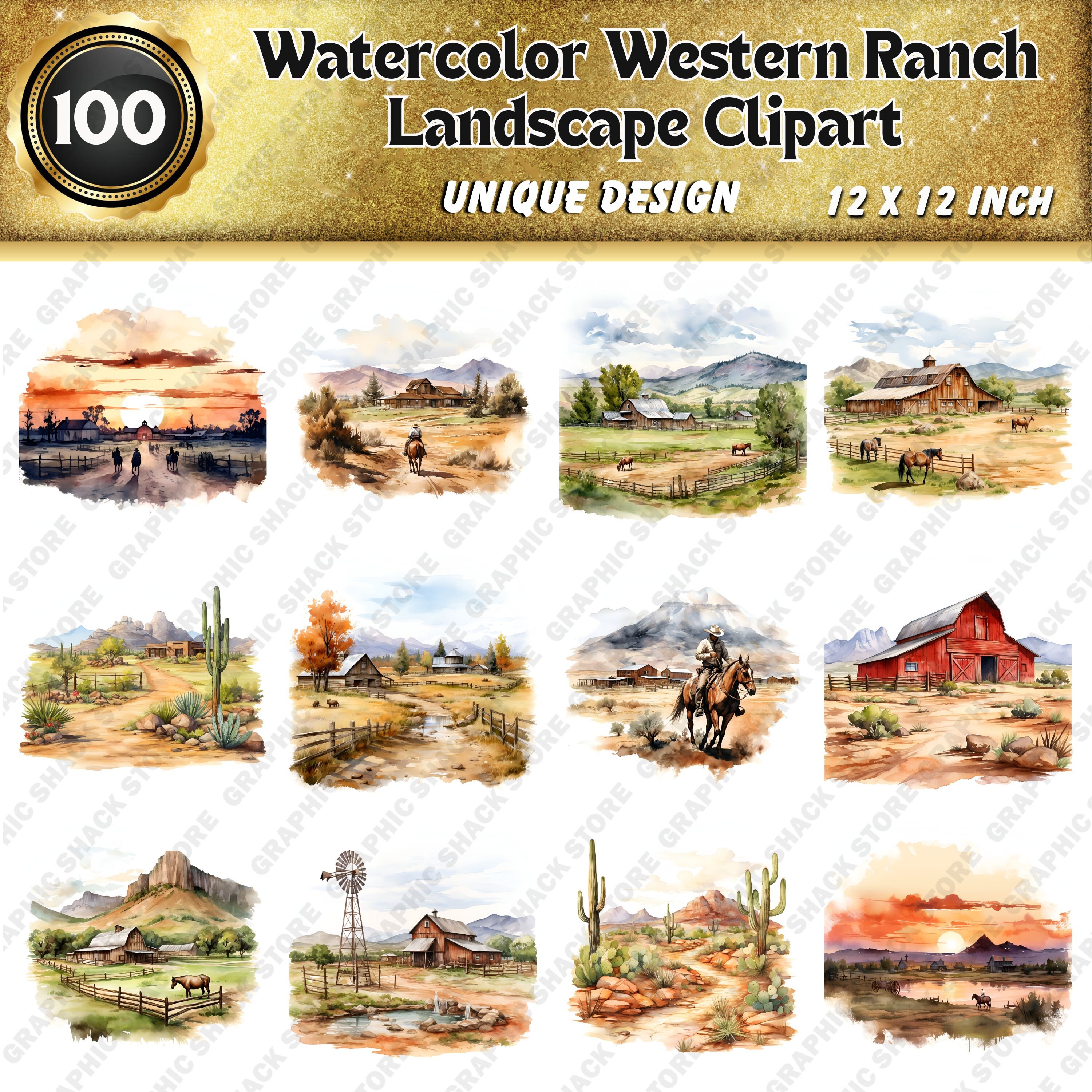 100 Watercolor Western Ranch Landscape Cliparts, Frontier Vistas Bundle ...