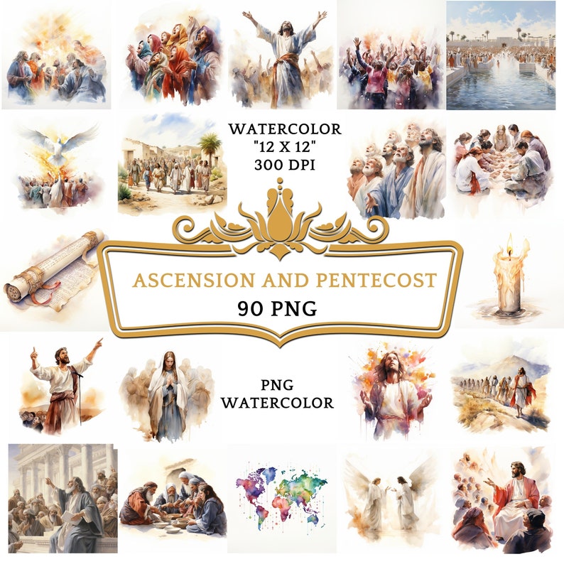 90 Watercolor Ascension and Pentecost Clipart Christian Religious Bible ...