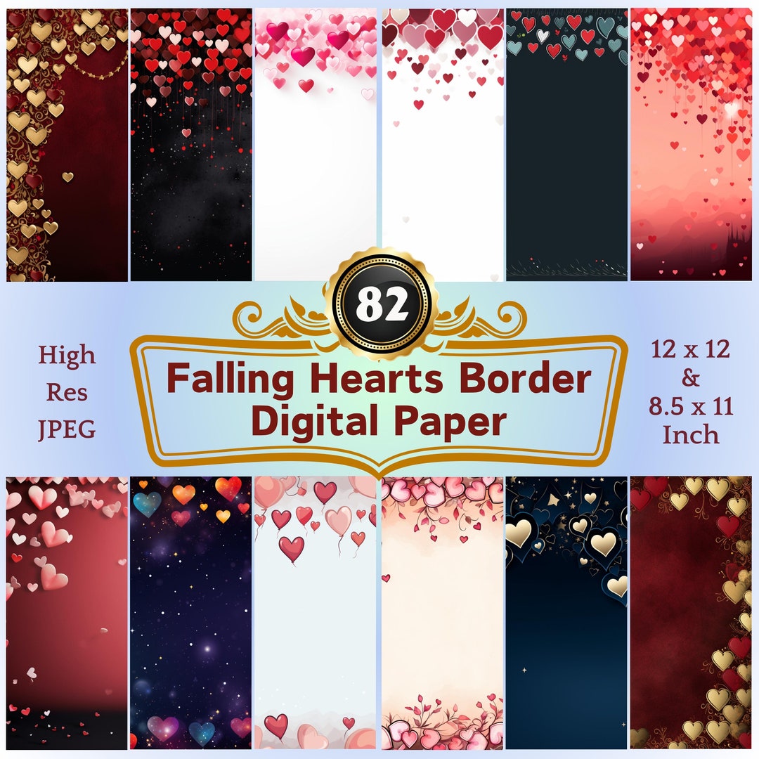 82 Falling Hearts Border Digital Paper - Cascade of Love: Romantic ...