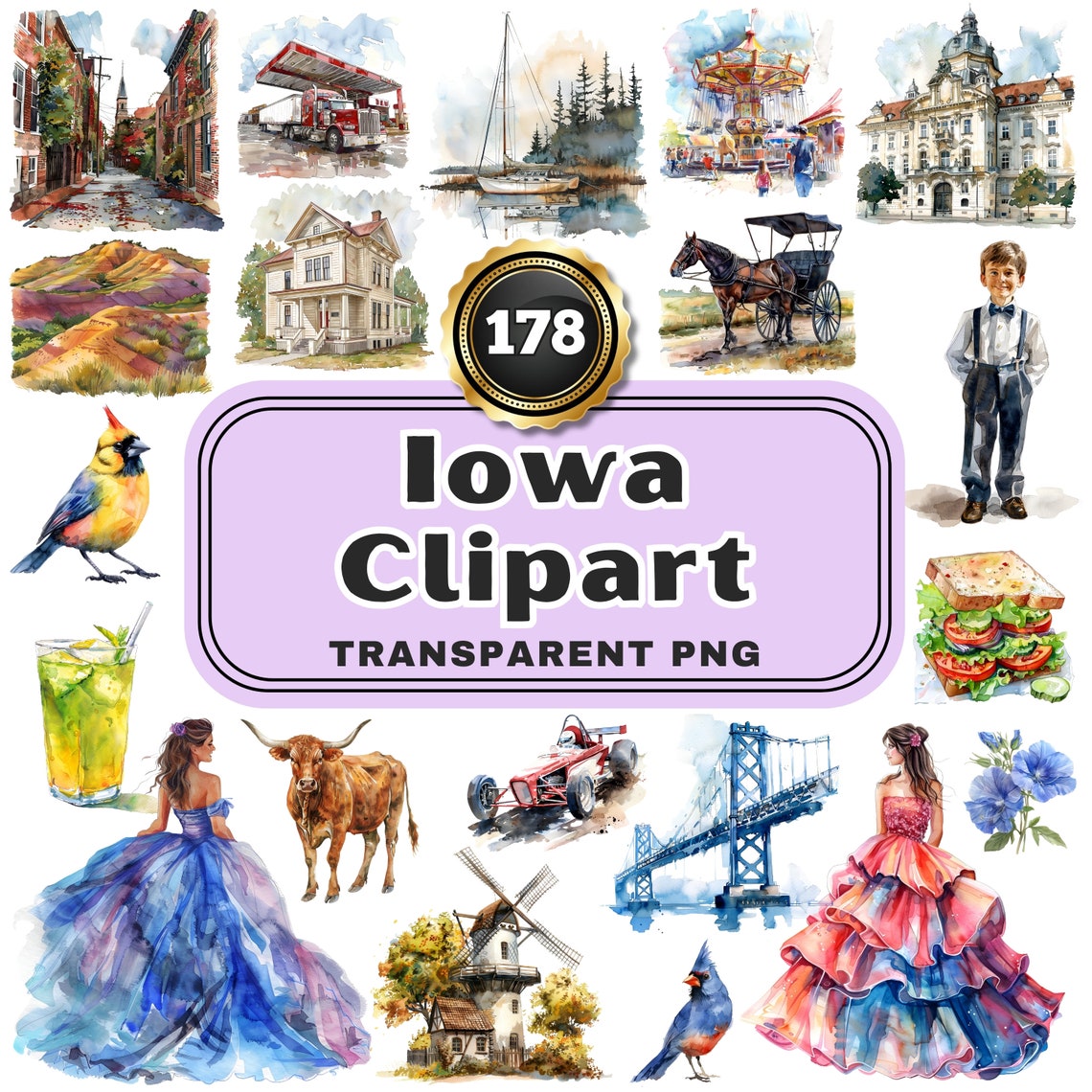 178 Watercolor Iowa Clipart, Iowa Landscapes Scenic and Cultural PNG ...