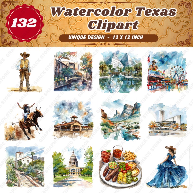 135 Watercolor Texas Cliparts -lone Star Elegance: Rustic and Iconic ...