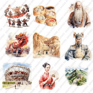 90 Watercolor China PNG Clipart Bundle, China Landmarks Clipart, Great ...
