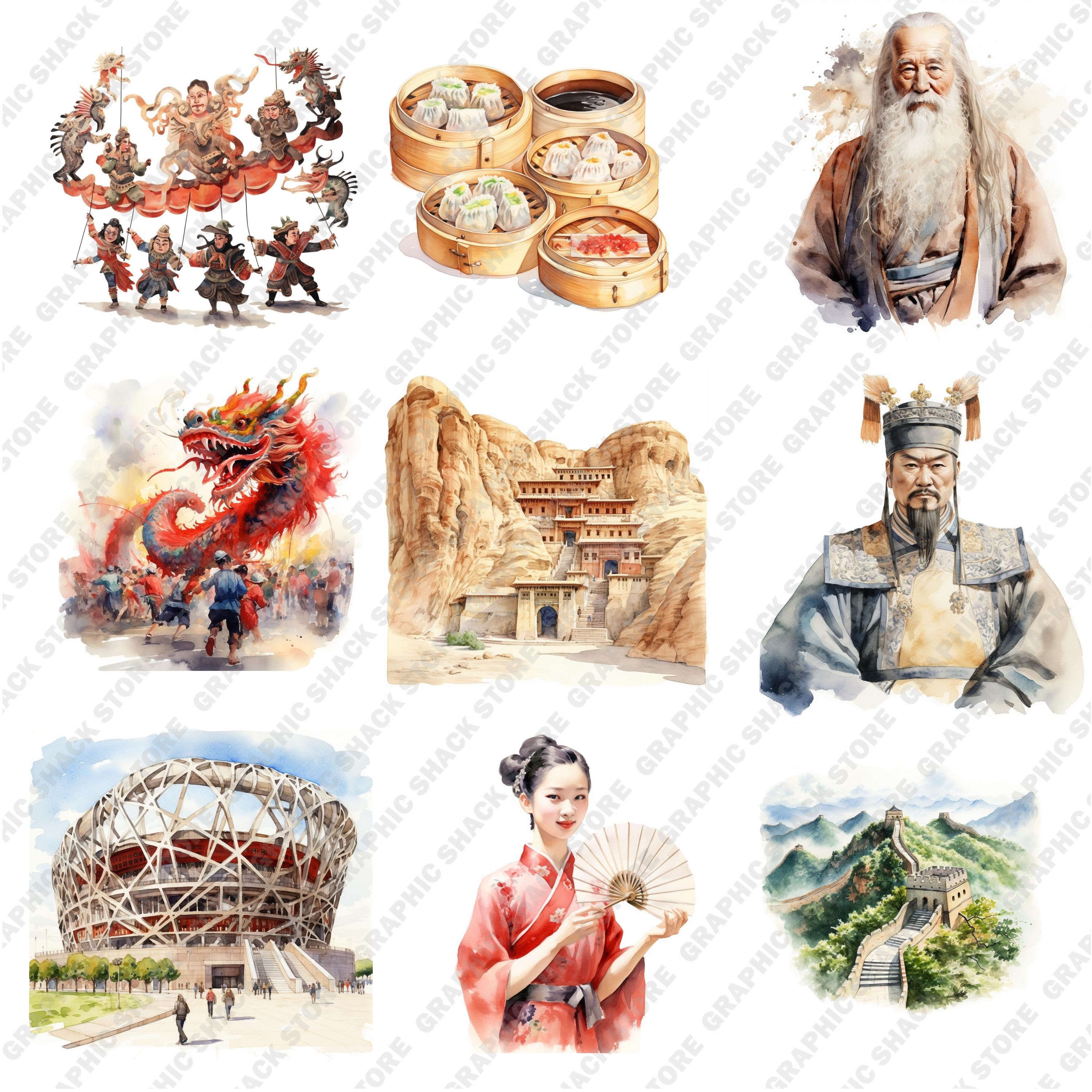 90 Watercolor China PNG Clipart Bundle, China Landmarks Clipart, Great ...