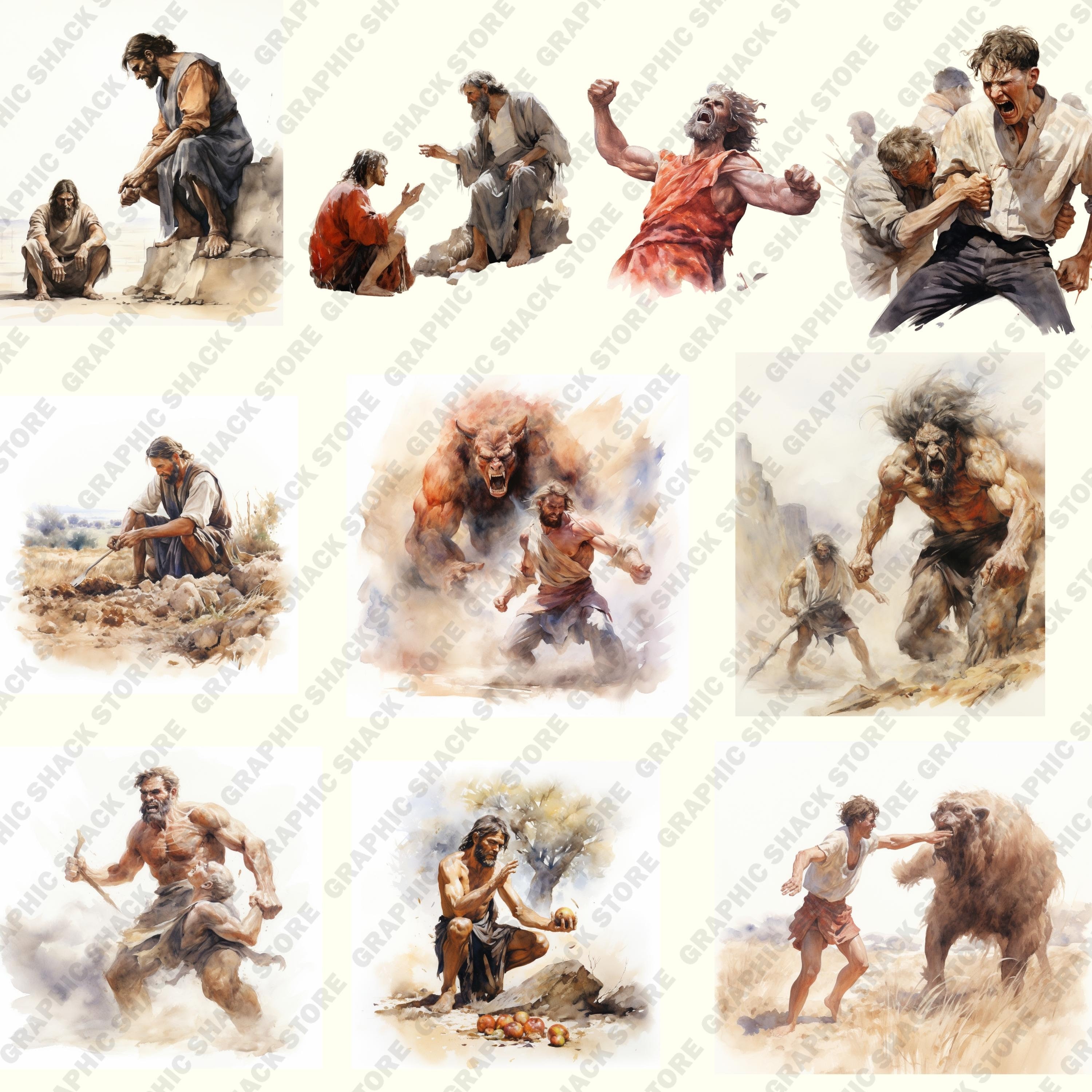 82 Watercolor Cain and Abel Clip Art Christian Religious Bible Based ...