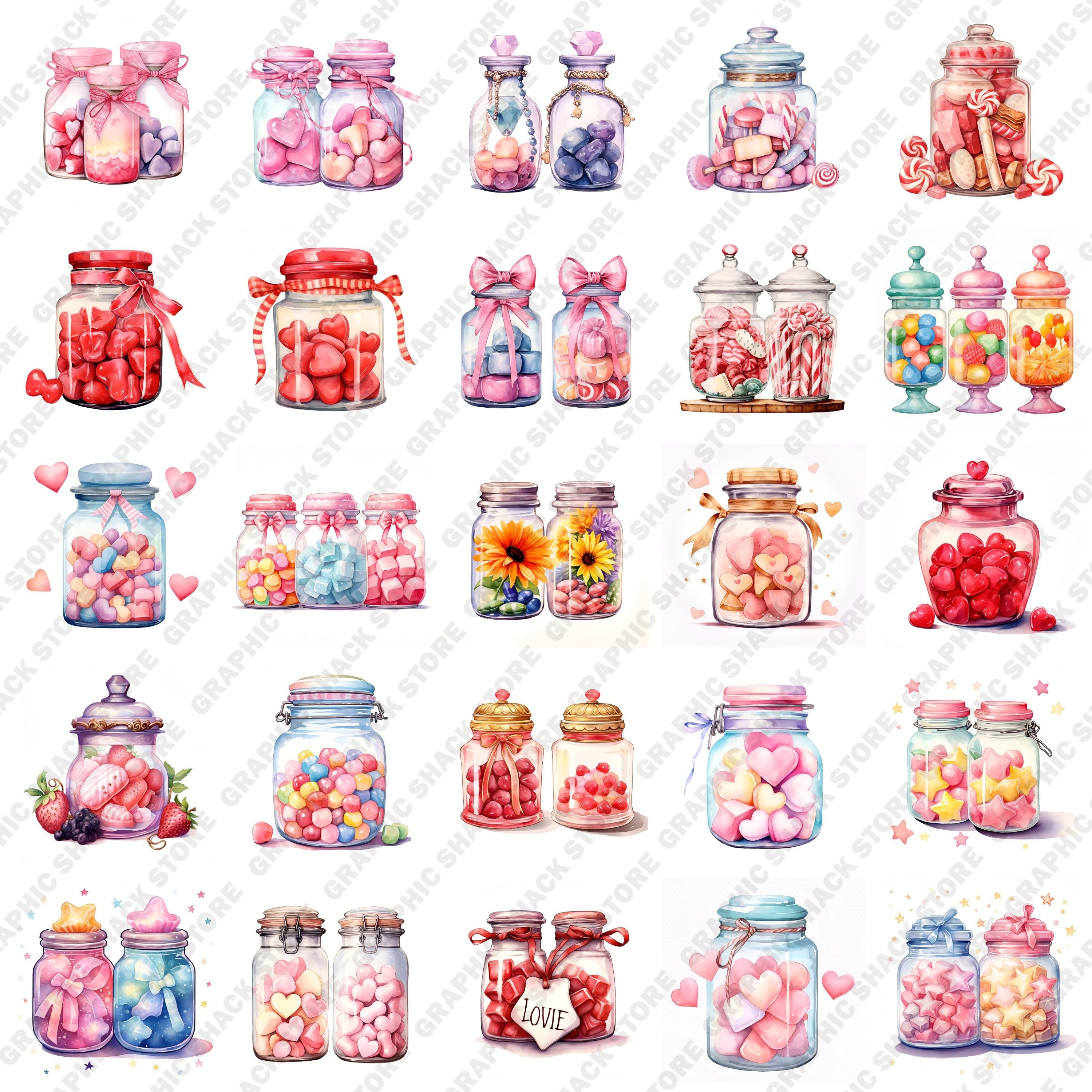 56 Watercolor Romantic Candy Jars Clipart, Valentine's Charming Glass ...