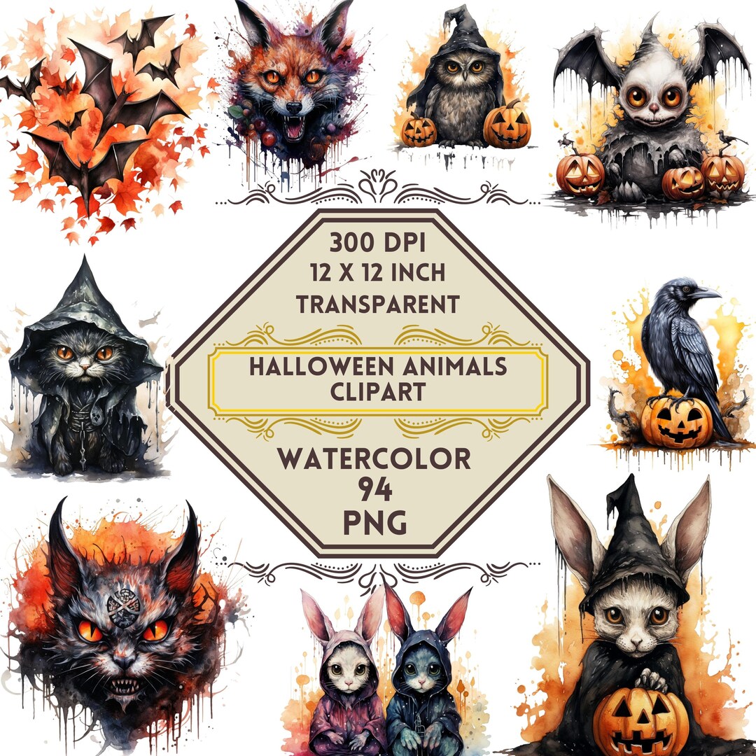 94 Watercolor Halloween Animals Clipart | Cute Halloween Creatures ...
