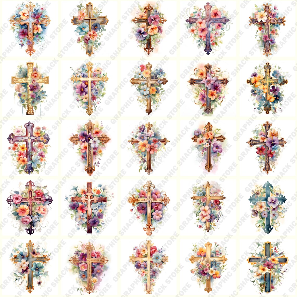 57 Watercolor Floral Crosses PNG Clipart Bundle Cross - Etsy