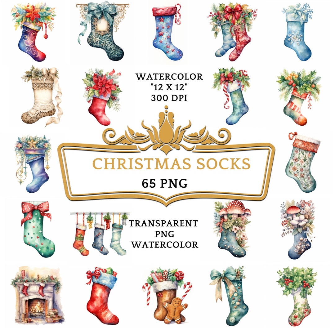 65 Watercolor Christmas Socks Clipart PNG Bundle | Christmas Stocking ...