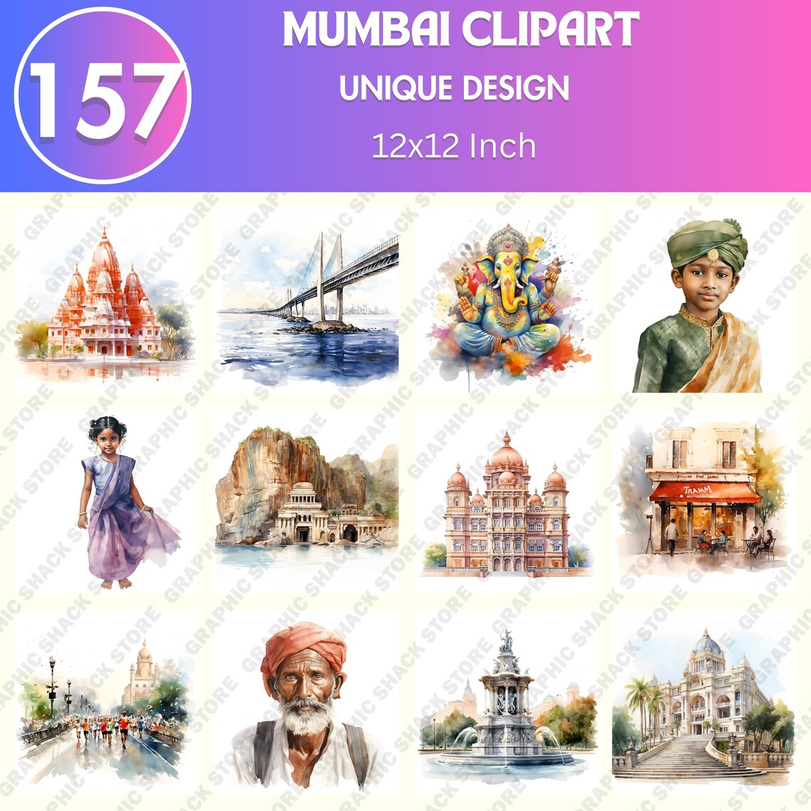 157 Mumbai Watercolor Clipart Bundle: Scrapbooking PNG Elements ...