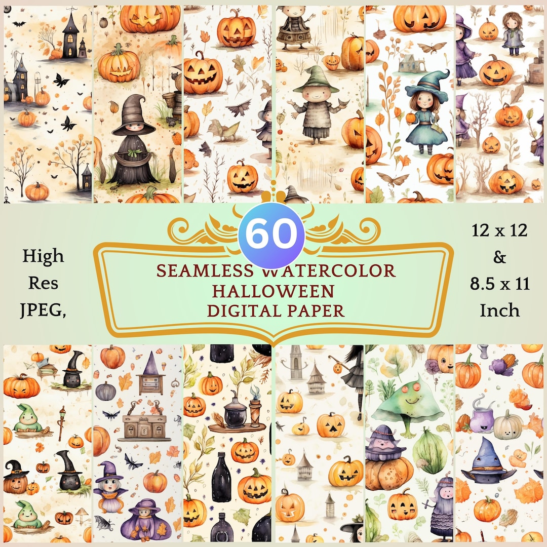 60 Seamless Watercolor Halloween Digital Paper Bundle | Halloween ...
