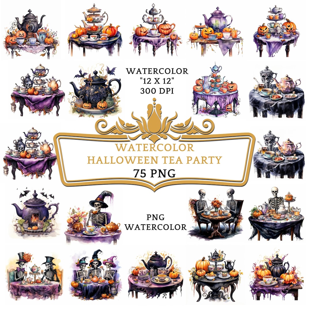 75 Watercolor Halloween Tea Party Clipart PNG | Pumpkin Tea Table/tea ...